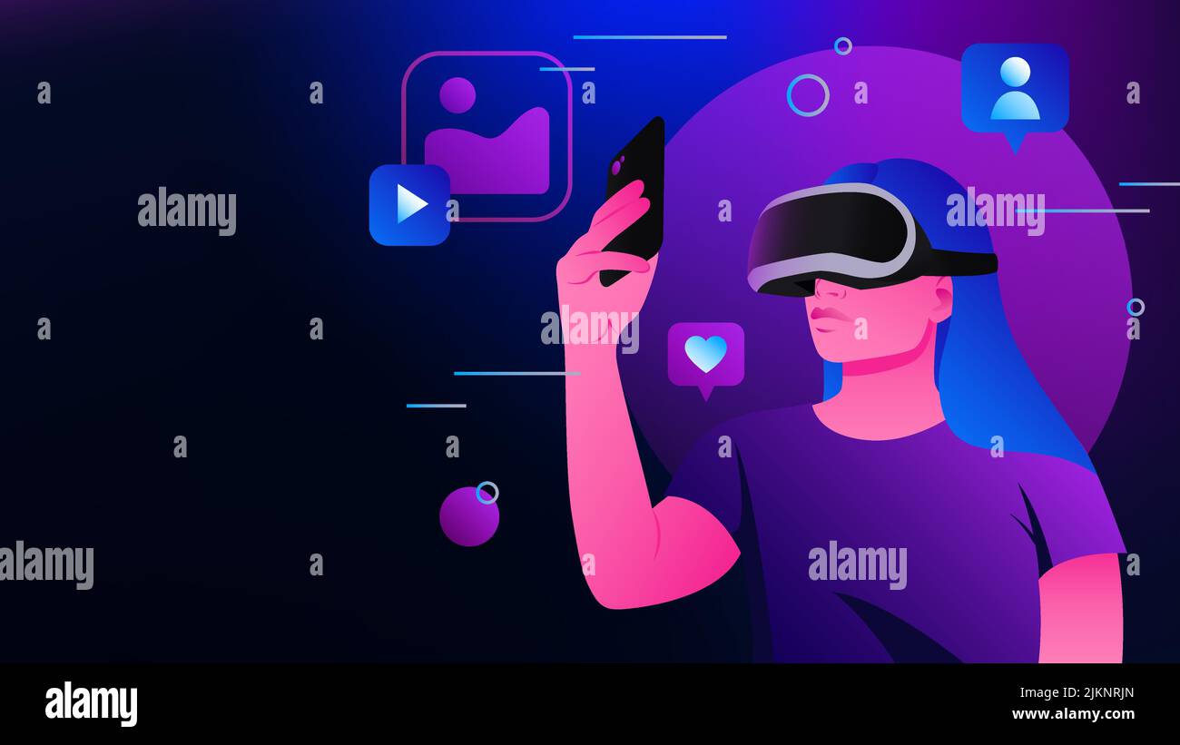 Social Media Surfing in Metaverse. Woman Using Social Networks. Vector ...