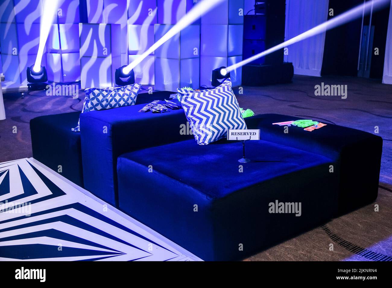 Dark interior decor and lighting at a corporate event party in blue ...