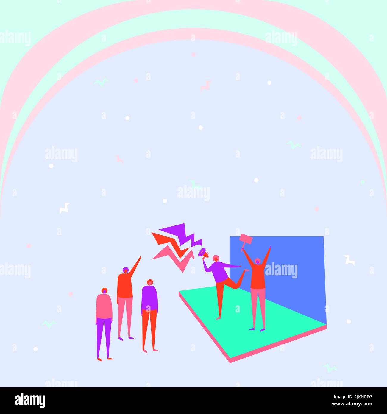 An illustration of people announcing on a stage on a colorful ...