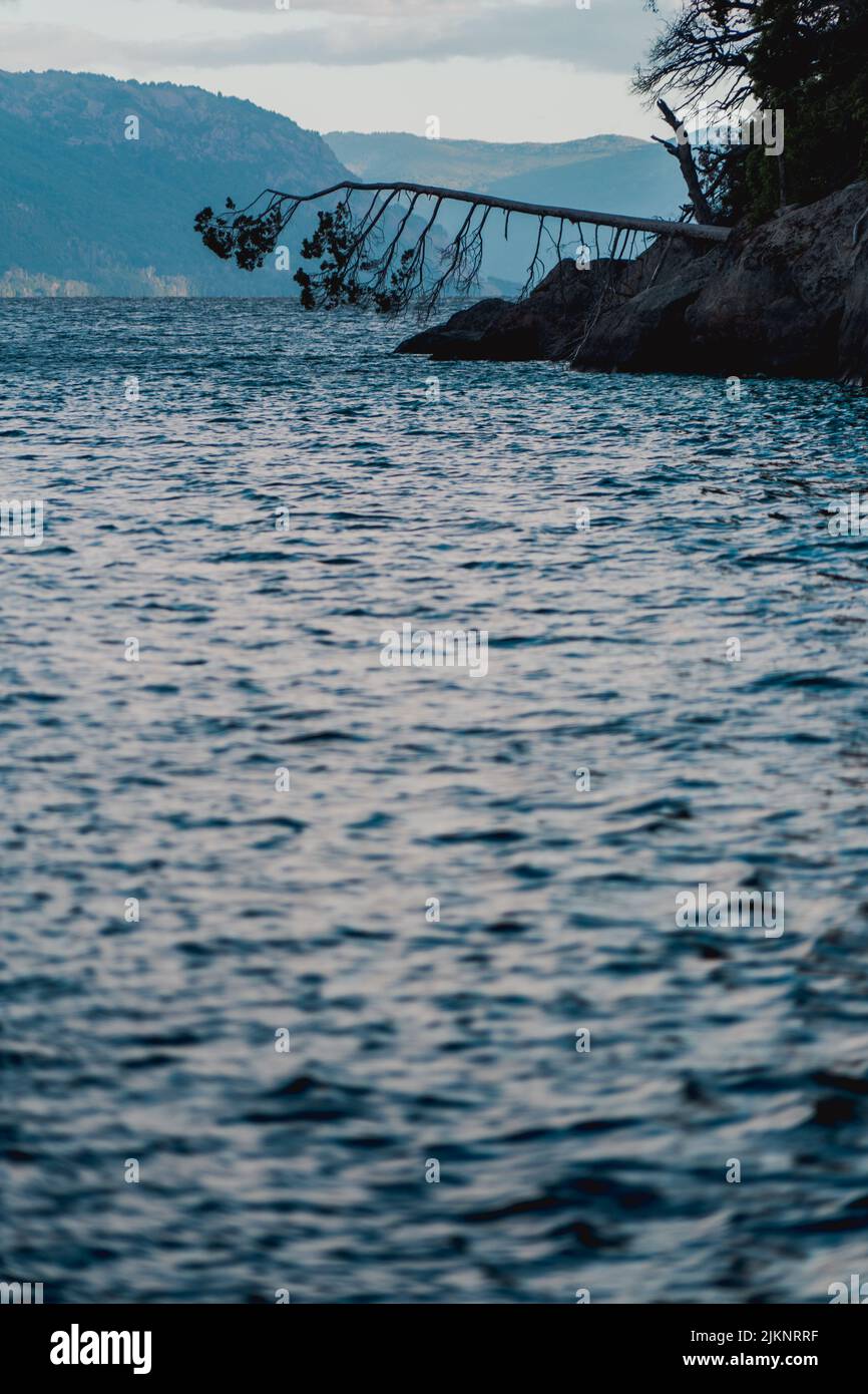 A beautiful shot of blue water sea dunes and rocky cliff with leaning ...