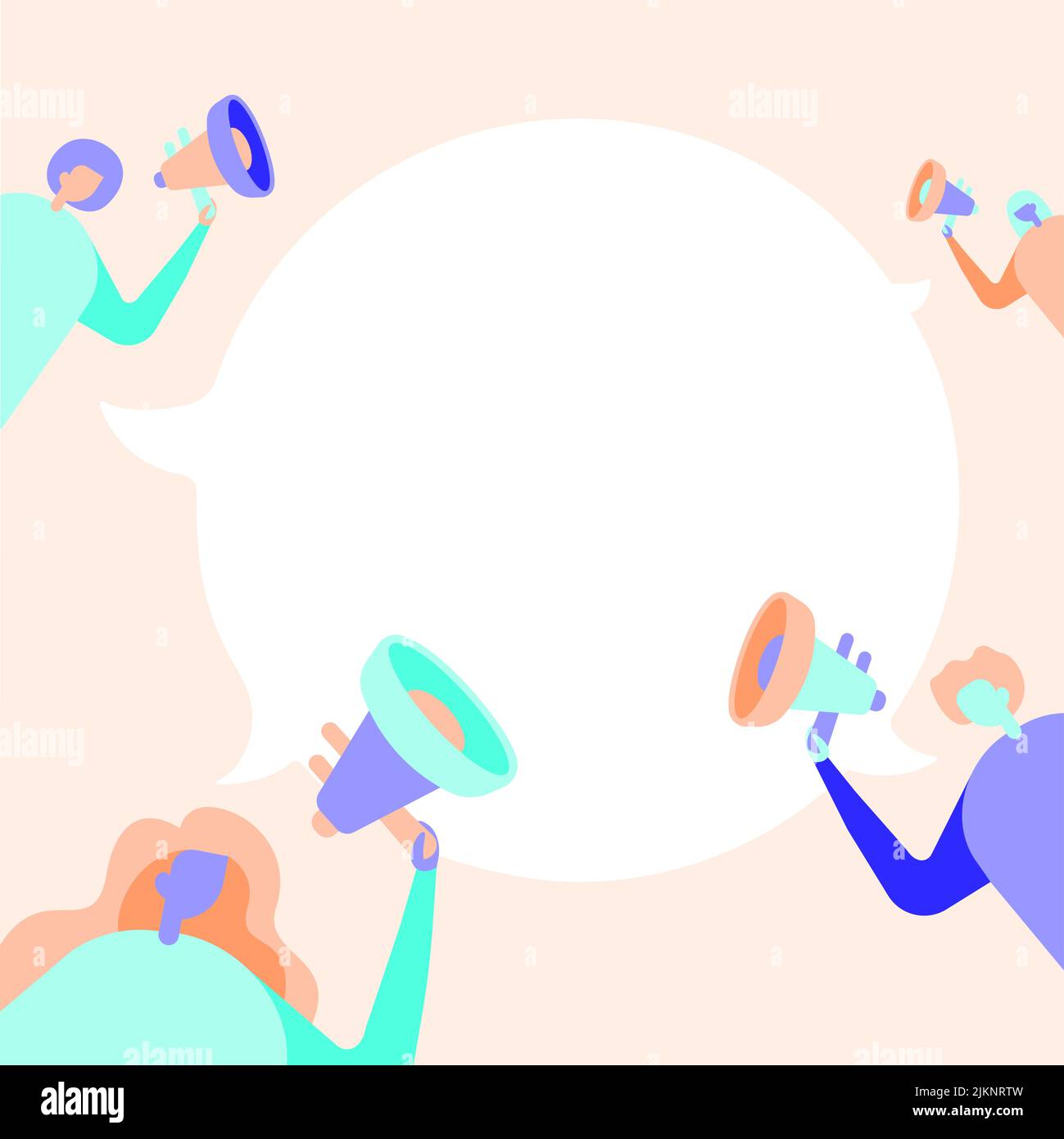 An illustration of people holding megaphones on a colorful background ...