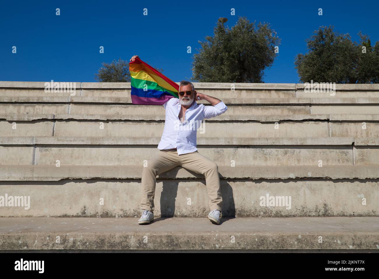 Handsome mature man with beard and grey hair is sitting on the ...