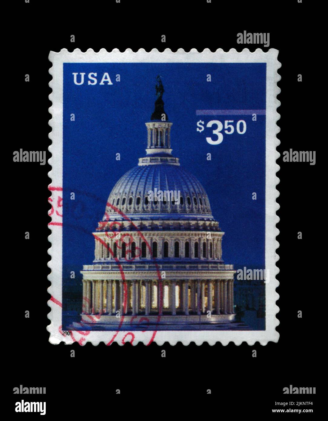 Capitol Dome, USA, circa 2001. vintage postal stamp isolated on black ...