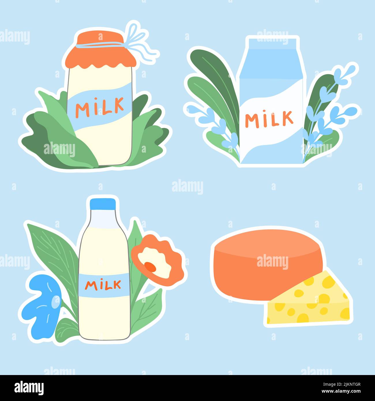 Dairy products sticker set. Milk day. Flat illustration. Vector Stock ...