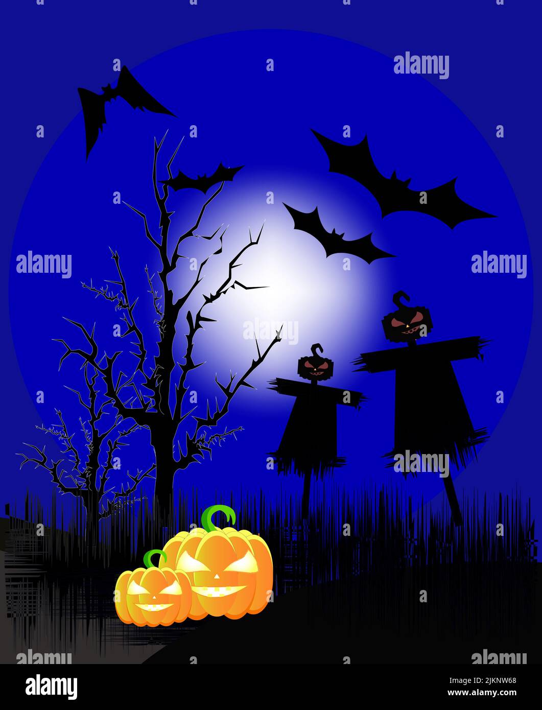 Halloween night background two scary black scarecrow ,bats and blue ...