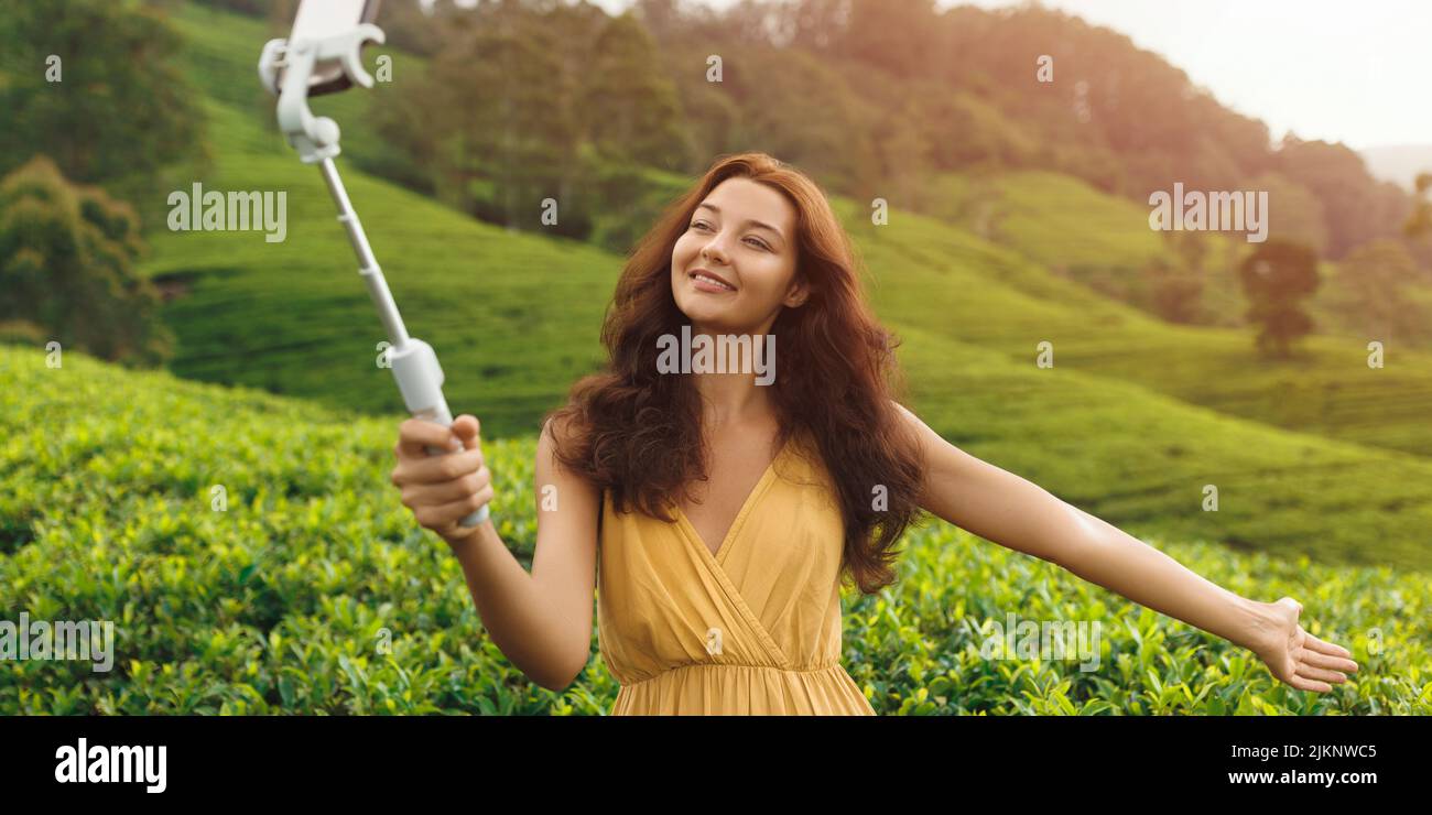 Selfie on smartphone of traveler woman during her travel vacation on ...