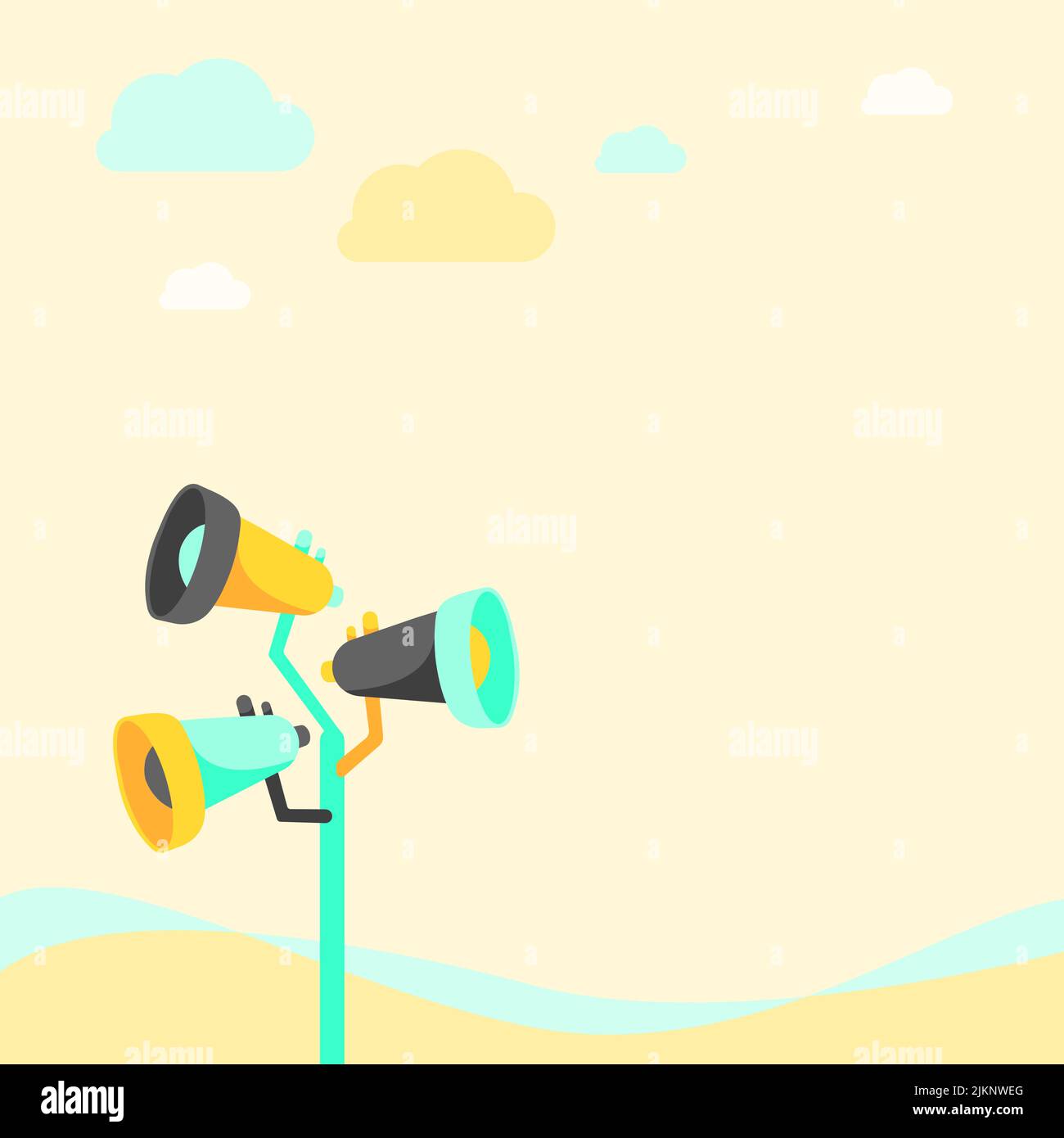 An illustration of a pole with three megaphones outdoors with yellow ...