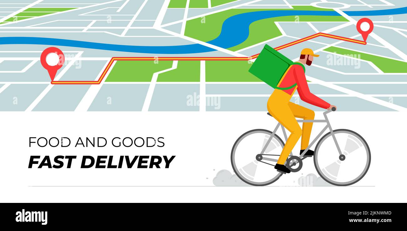 Bicycle delivery ordering service banner design template. Route with ...