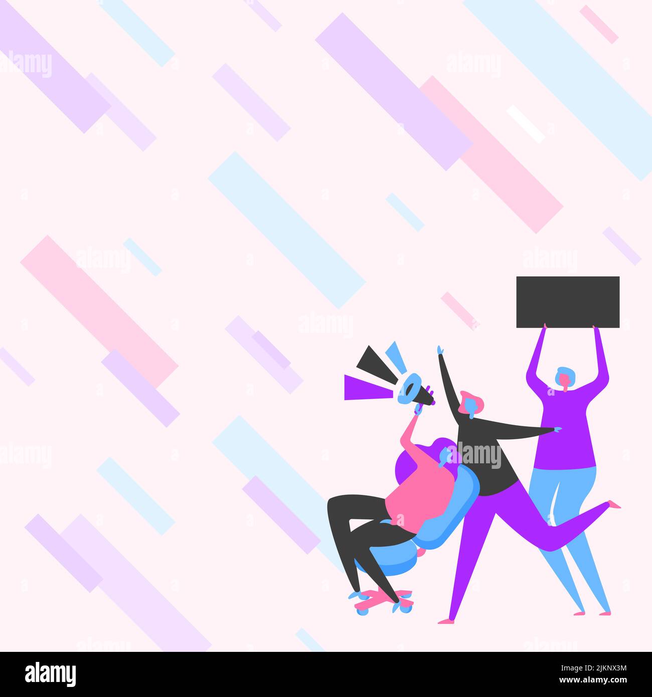 An illustration of people raising cardboard and megaphone on a colorful ...