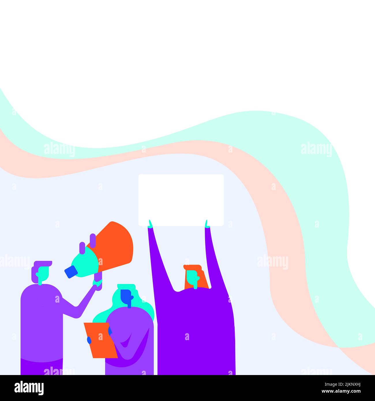 An illustration of people raising cardboard and megaphone on a colorful ...