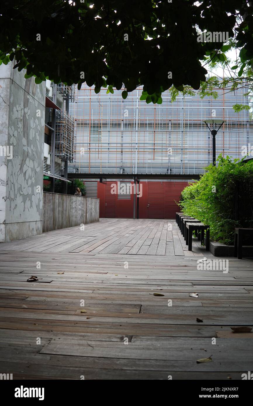 A wooden corridor in the yard of a building under construction Stock ...