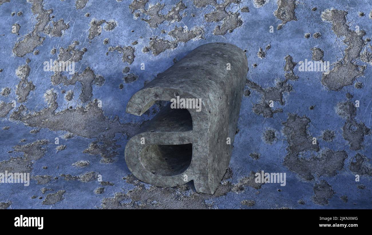 An illustration of a concrete isolated letter on a damaged blue wall ...