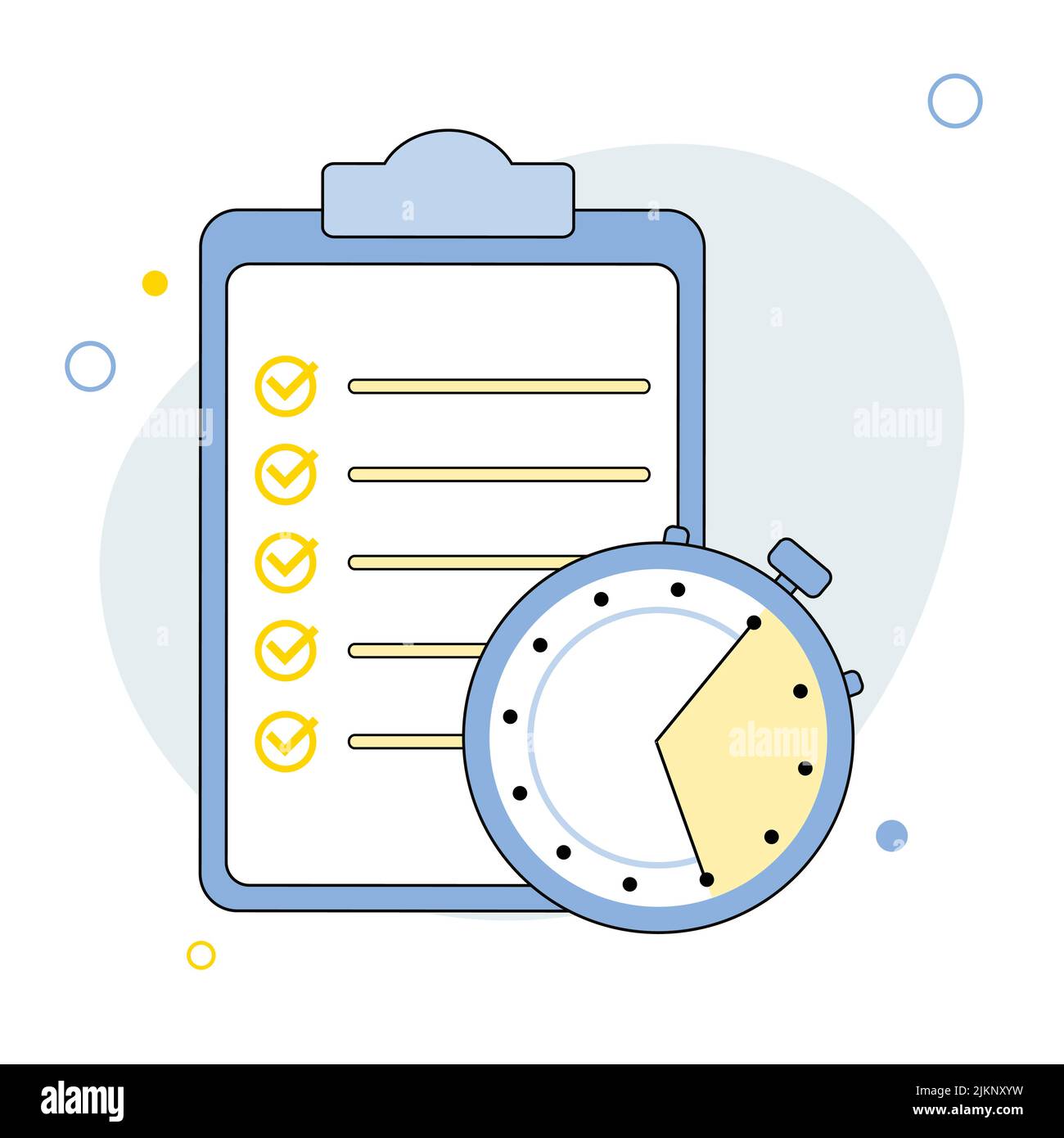 Timing concept with clock and checklist on clipboard. Paper test with ...
