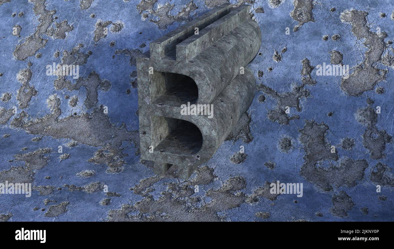 An illustration of a concrete isolated letter on a damaged blue wall ...