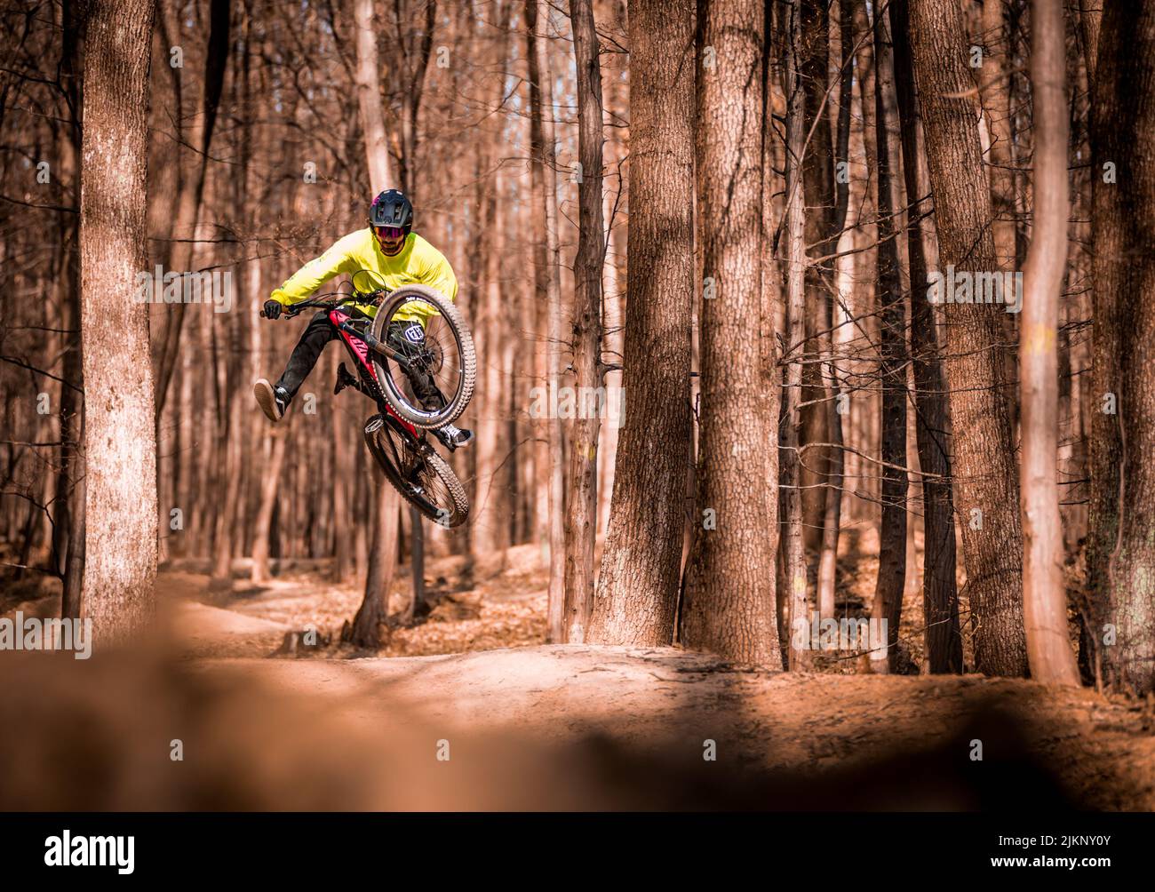 A beautiful view of a male doing a bike flip in a forest Stock Photo ...
