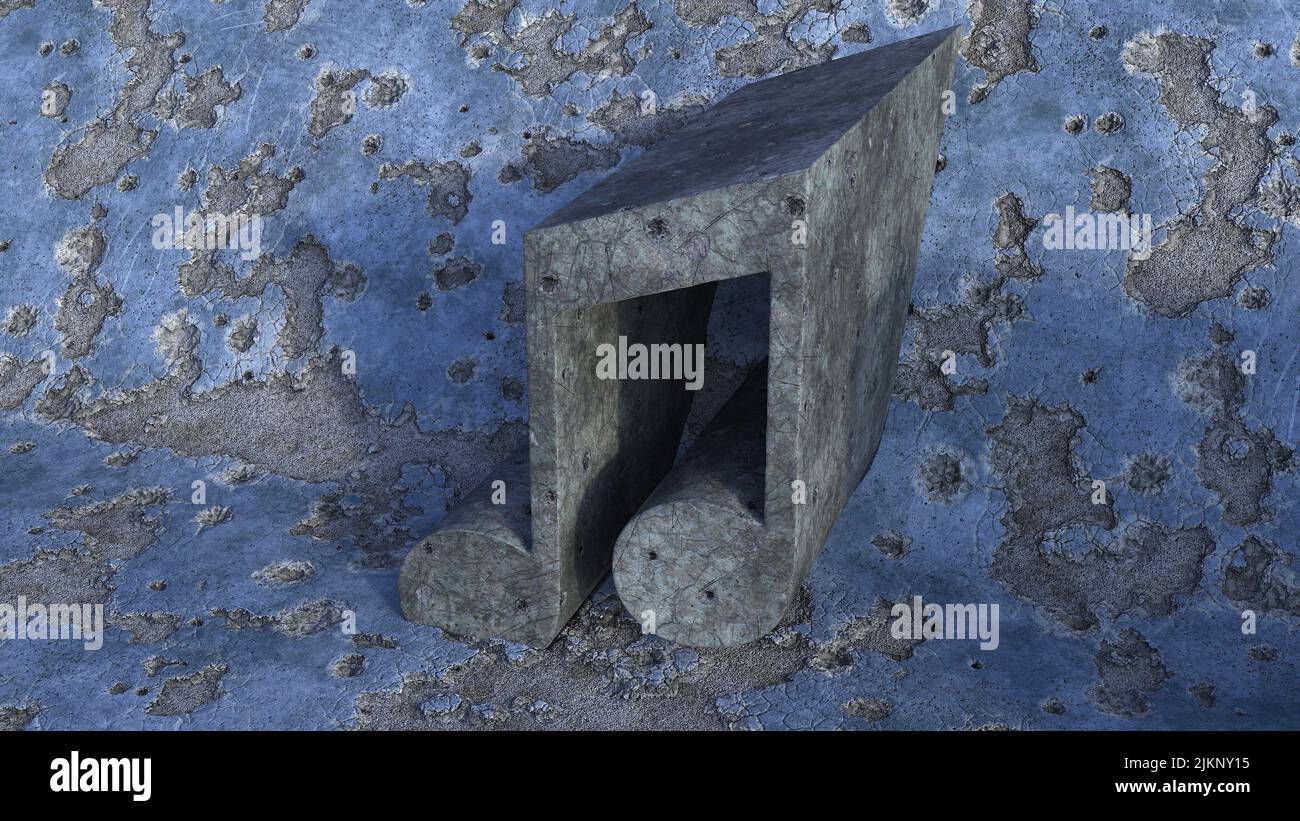 A 3D render of a concrete stone music note on a weathered blue wall ...