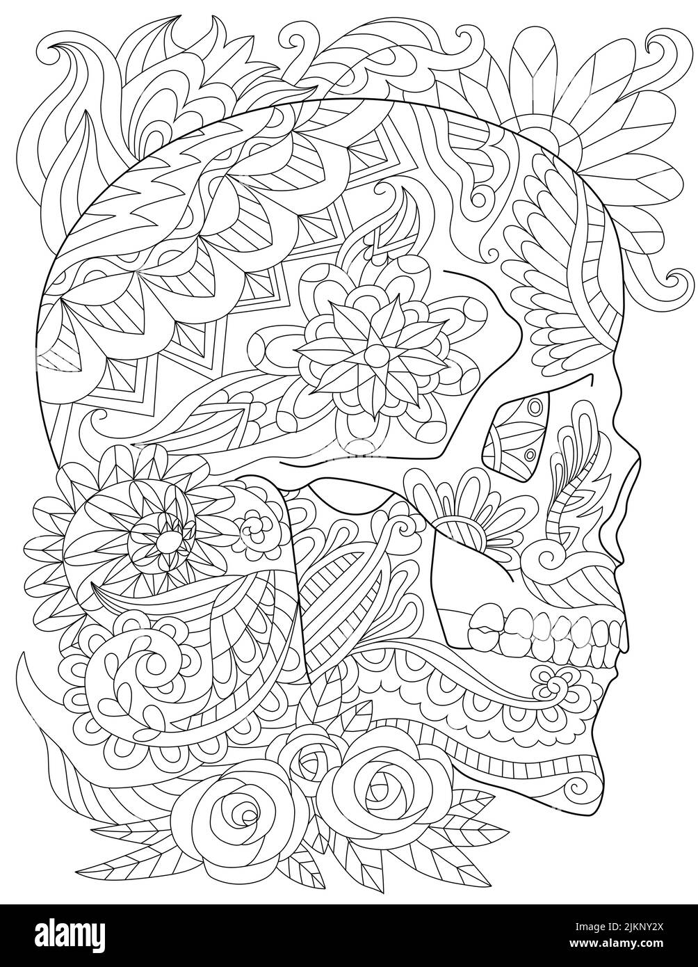A vector of Tattoo skull line drawing adorned with flowers and leaves ...