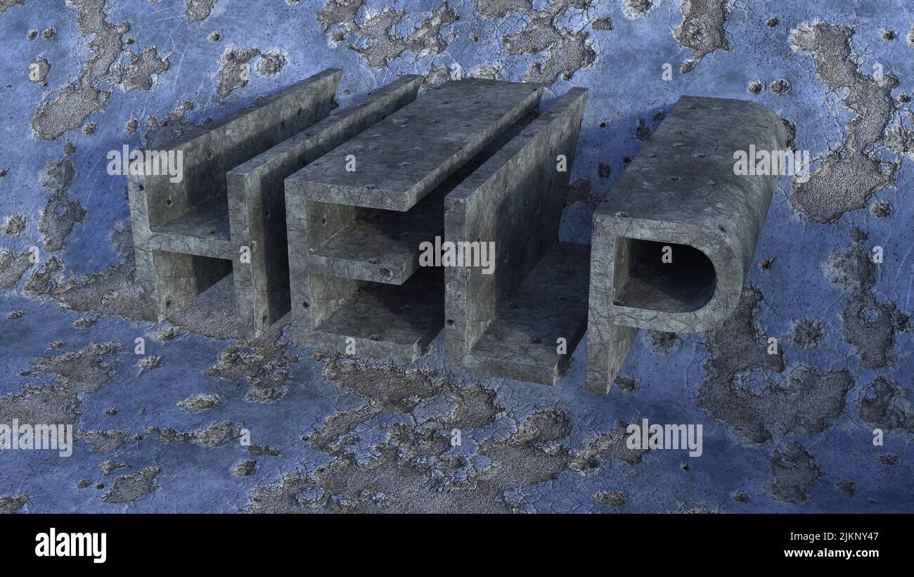 The word help made with concrete on a damaged blue wall Stock Photo - Alamy