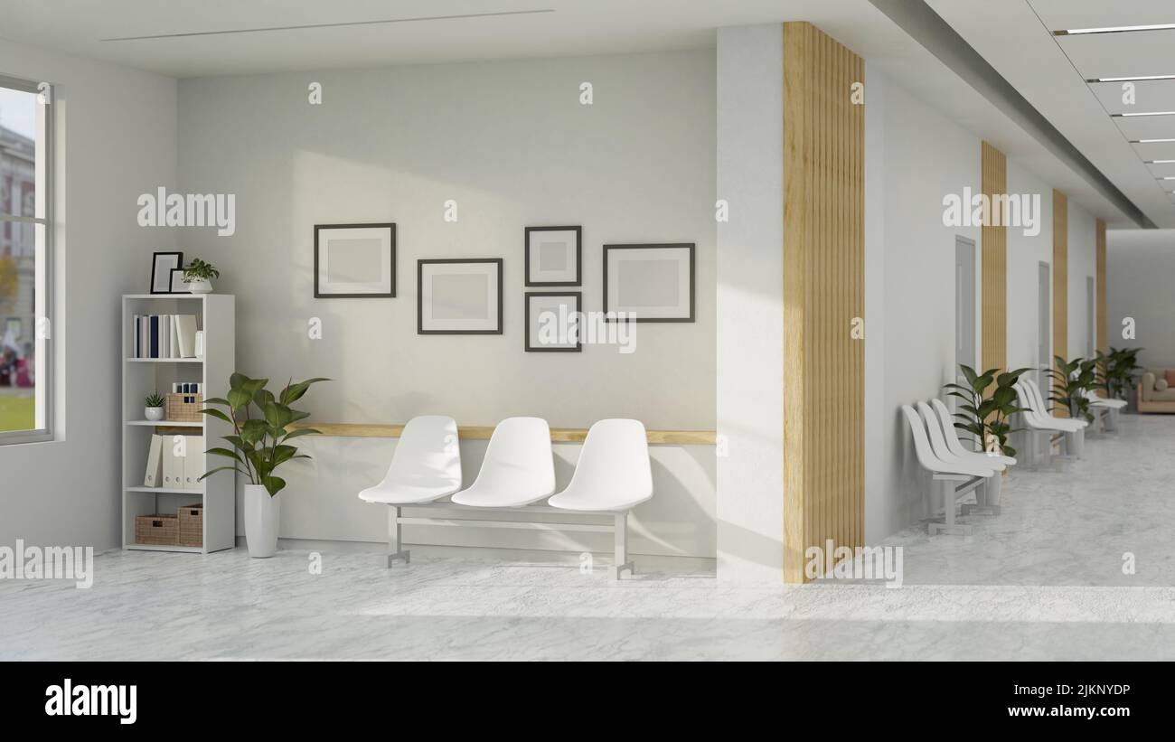 Modern minimal hospital or health care clinic corridor and waiting room ...