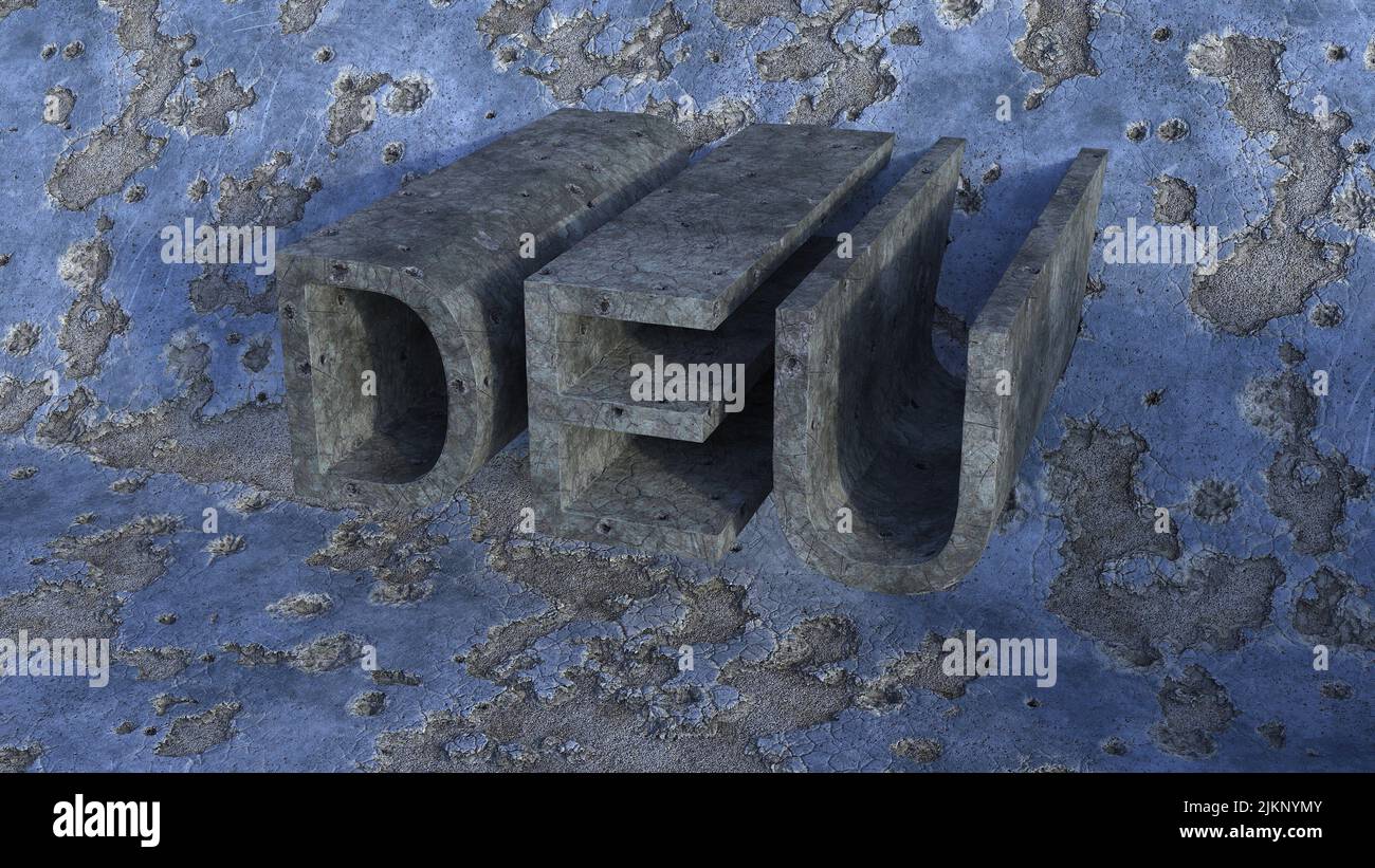 The abbreviation DEU made with concrete on a damaged blue wall Stock ...