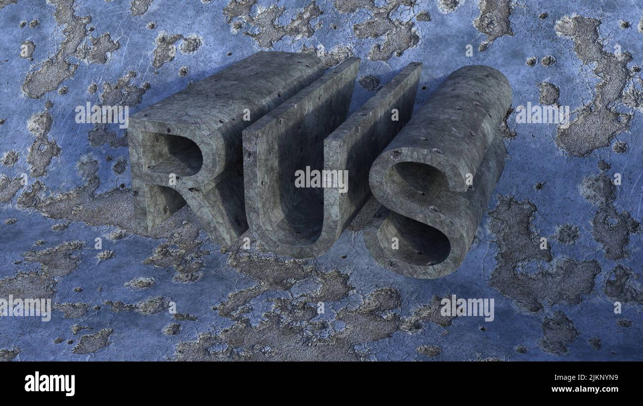The abbreviation RUS made with concrete on a damaged blue wall Stock ...
