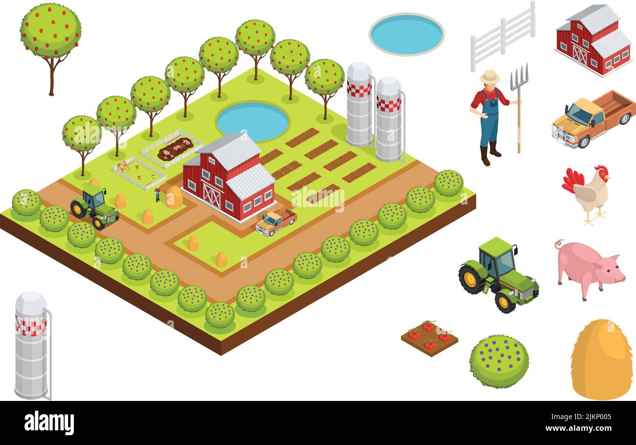 Farm isometric composition layout creating a farm with a house trees ...