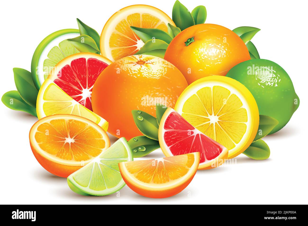 Citrus fruit whole halves and quarters colorful composition with lime ...