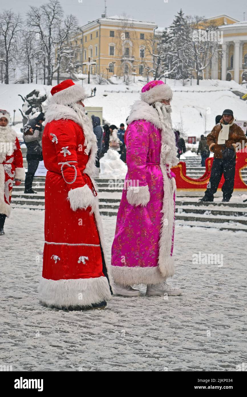 Santa Claus with white beard communicate with people before New Year ...