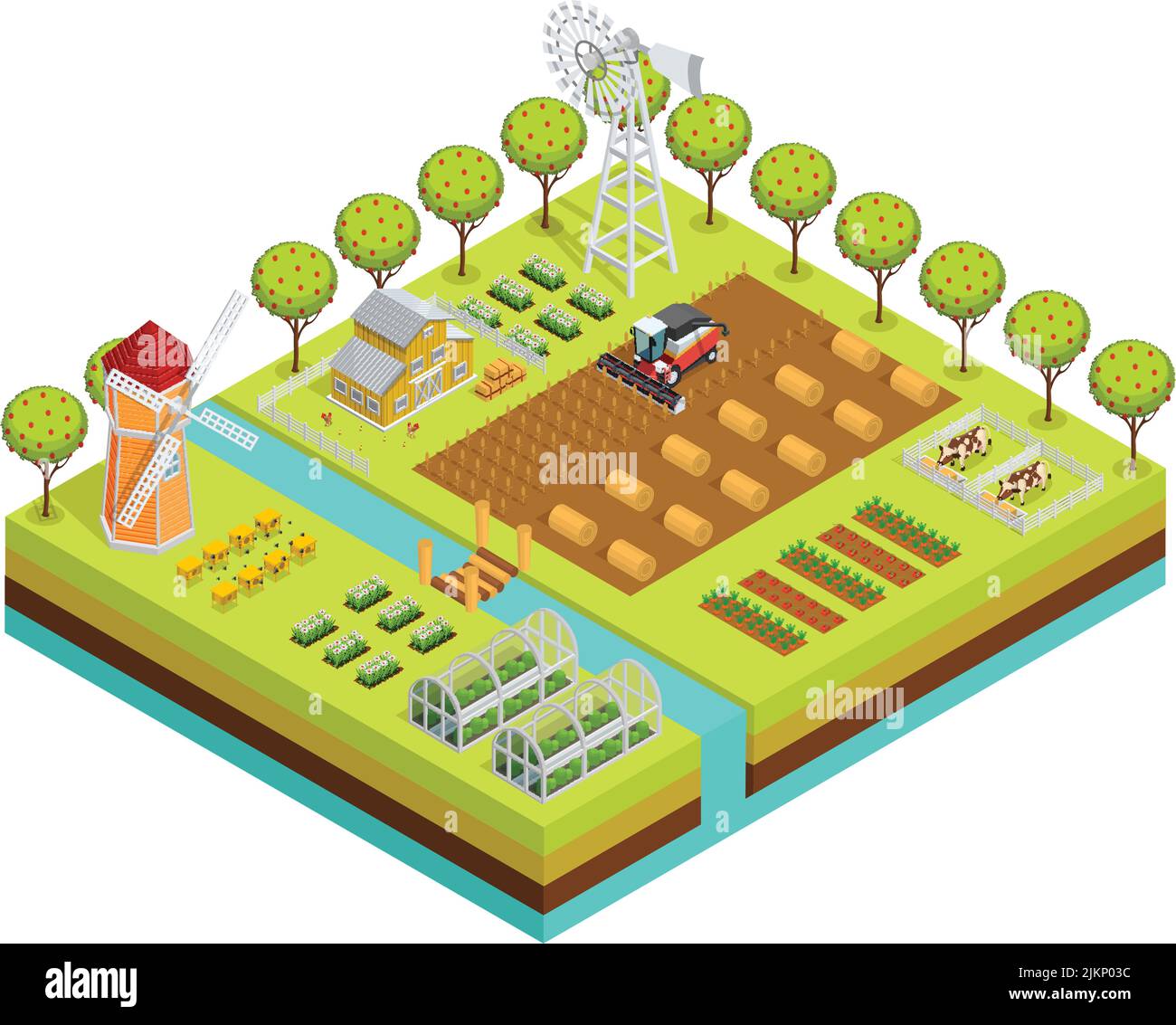 Colored farm isometric with farm project in planting process digging ...