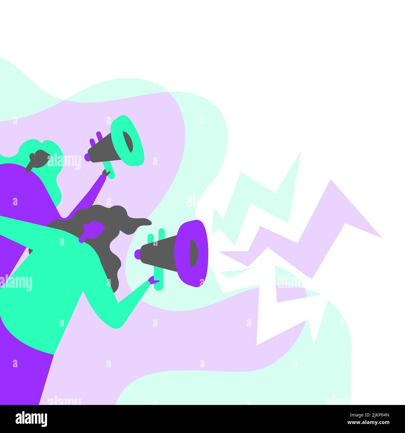 An illustration of people holding megaphones on a colorful background ...