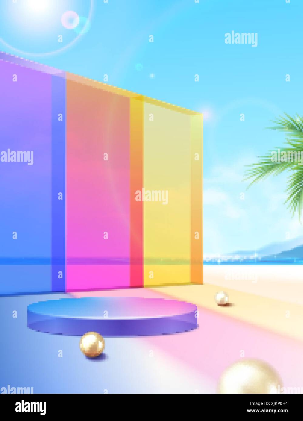 3d summer tropic scene background design. Round podium with colorful ...