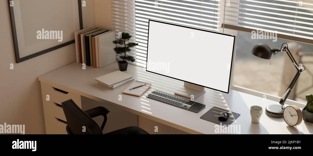 Minimal white home workspace or office studio interior with PC computer ...