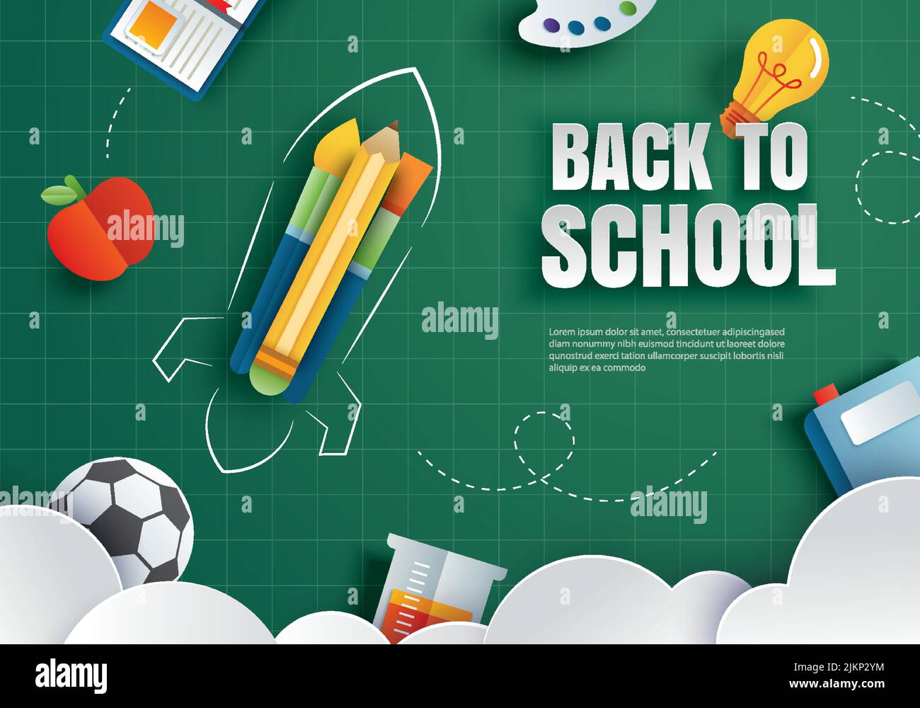 Back to school with education items on green chalkboard background in paper art style Stock ...