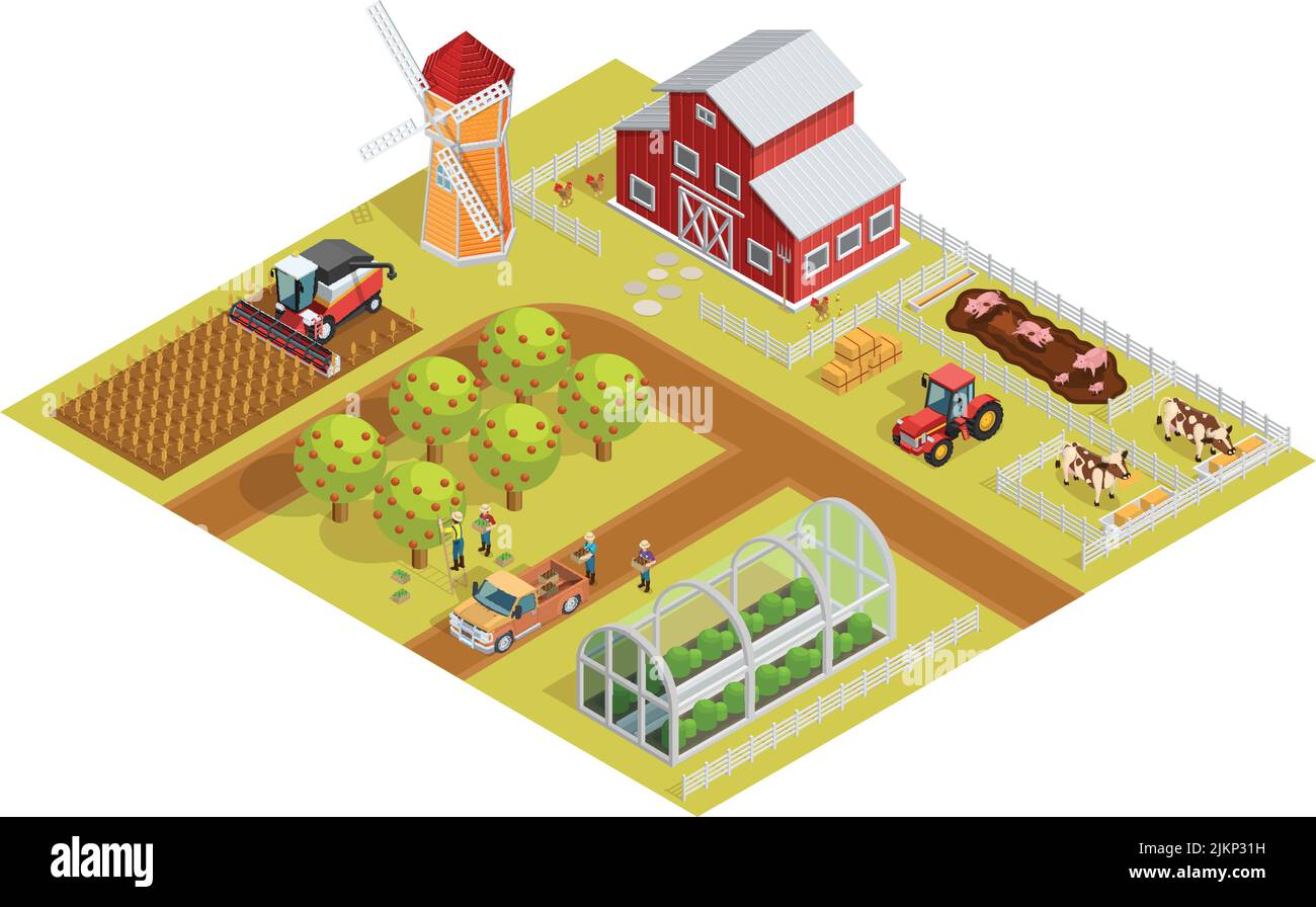 Farm isometric template with garden trees animals agricultural vehicles ...
