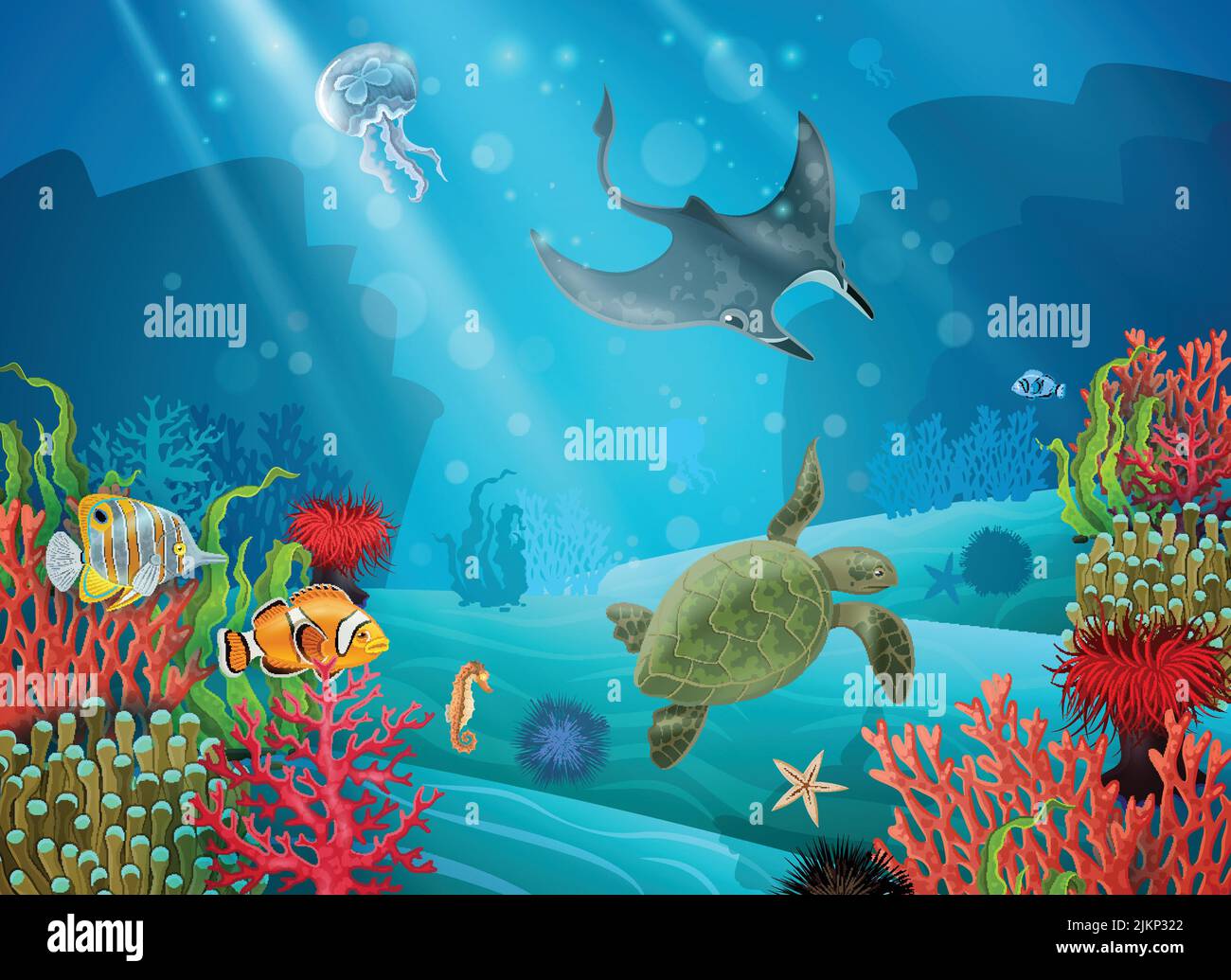 Underwater cartoon landscape with various sea animals and plants vector ...