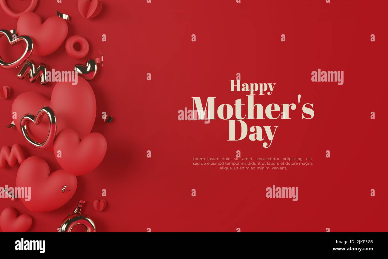 Mother's day 3d background with red and gold balloons love illustration Stock Photo - Alamy