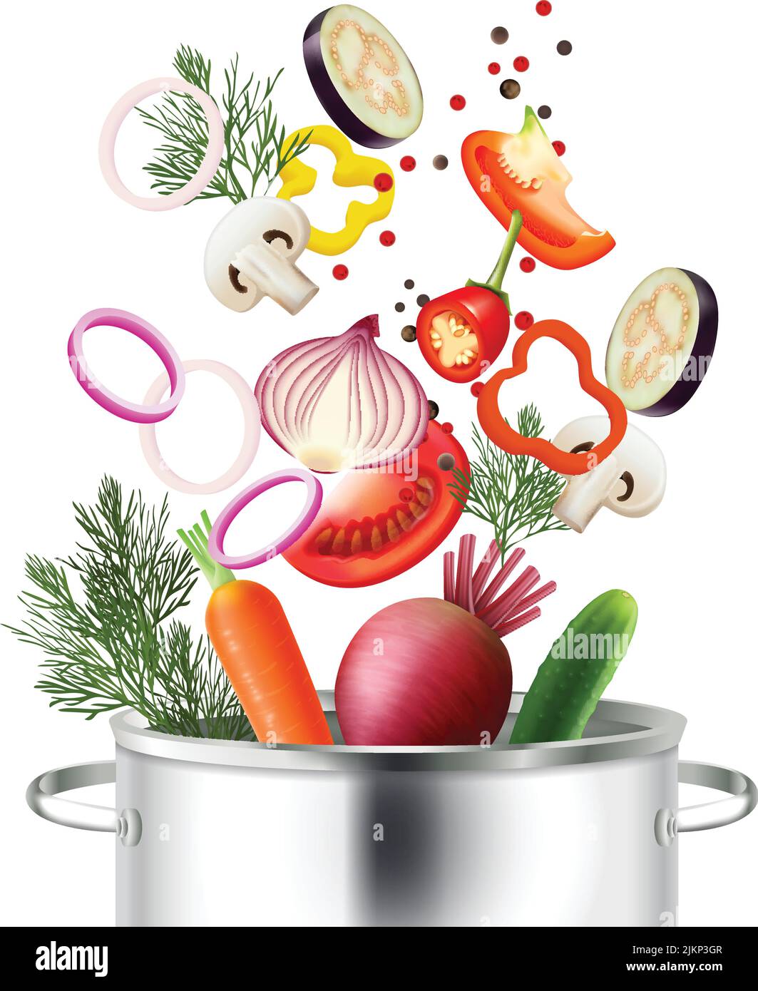 Vegetables and pot realistic concept with ingredients and cooking ...