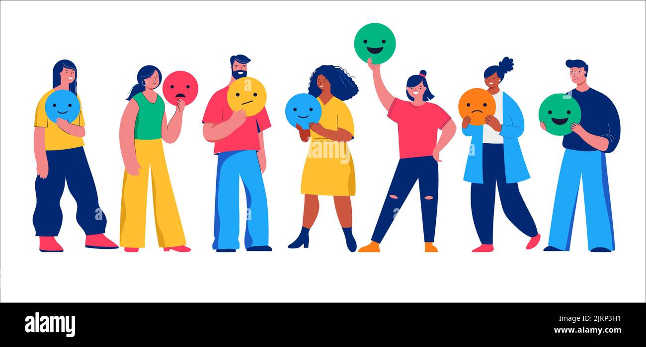 People holding emoji, smiley icon, giving review rating and feedback ...