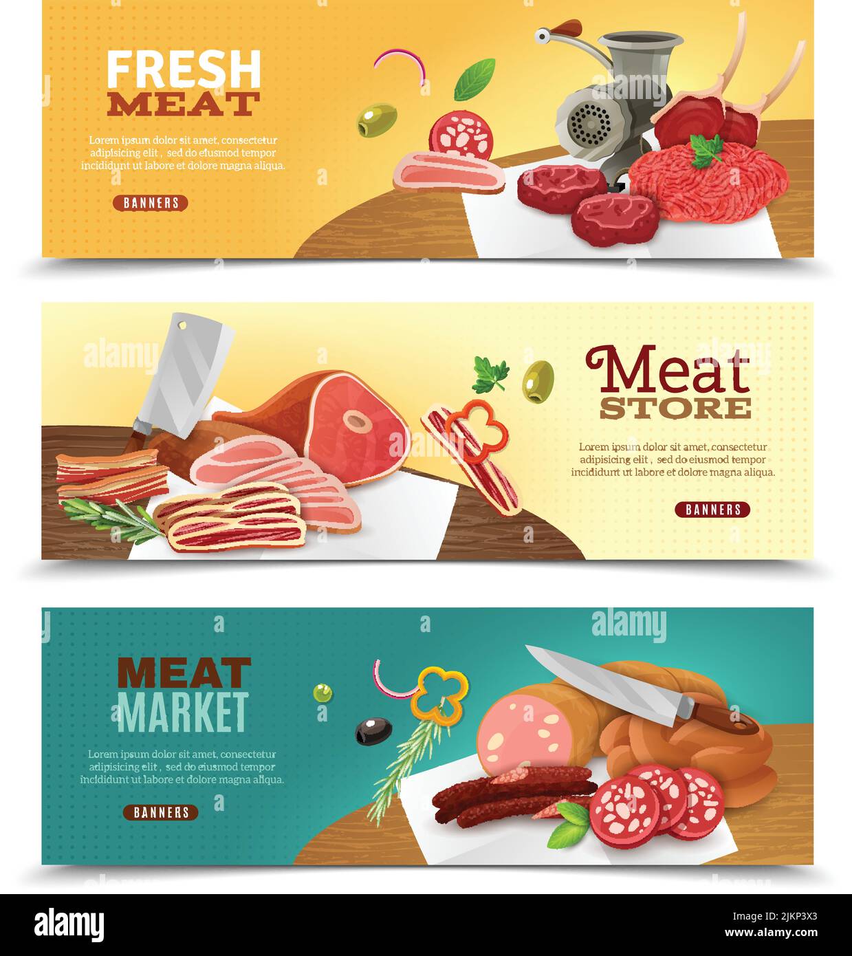 Meat market horizontal cartoon banners set with store symbols isolated ...