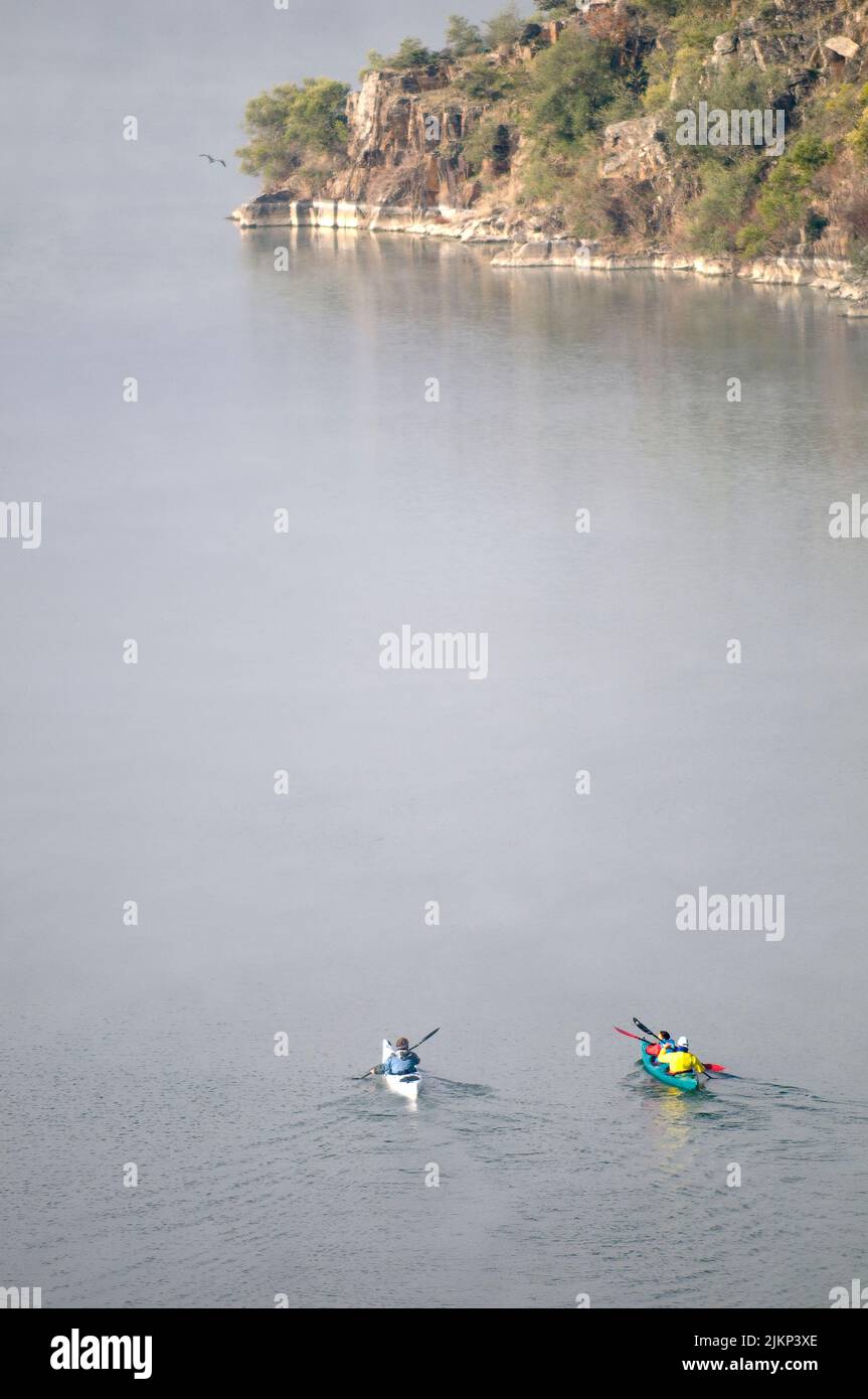 An aerial view of A kayaking trip on the Tagus River in central Spain ...