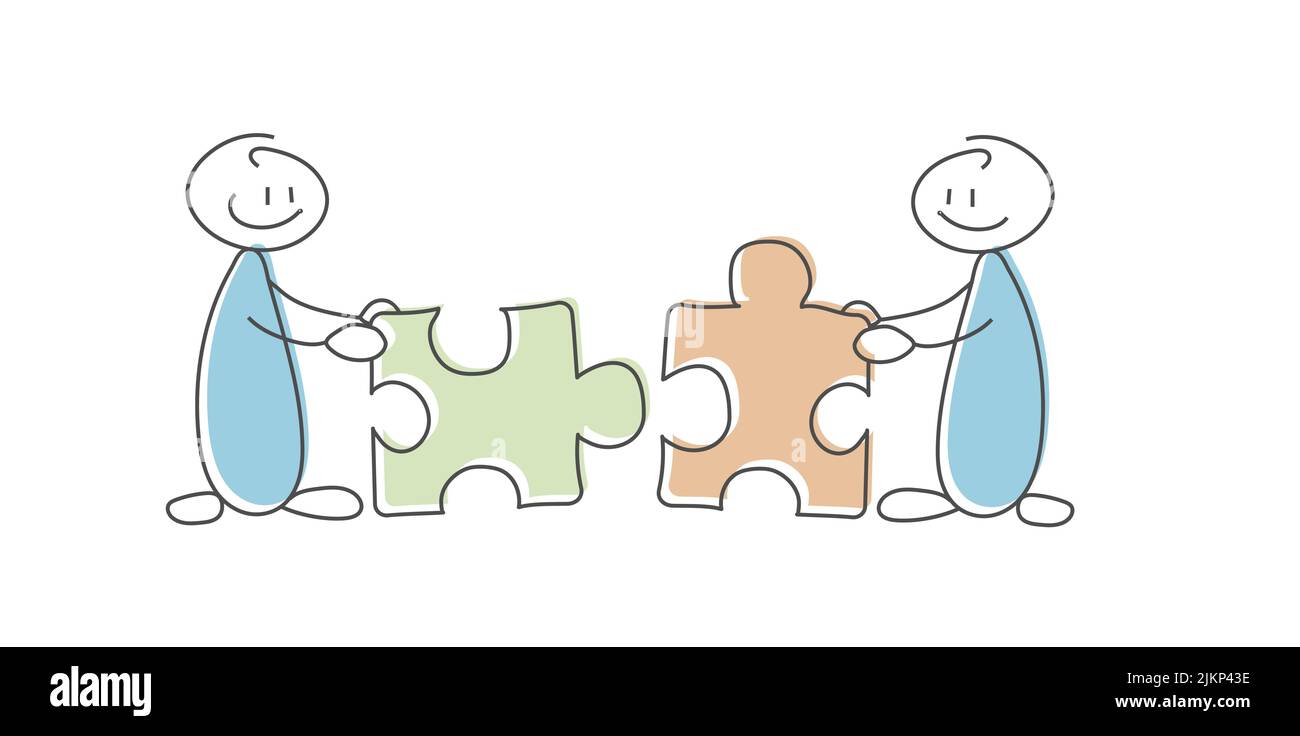 Two cartoon characters move and connect two pieces of the puzzle ...