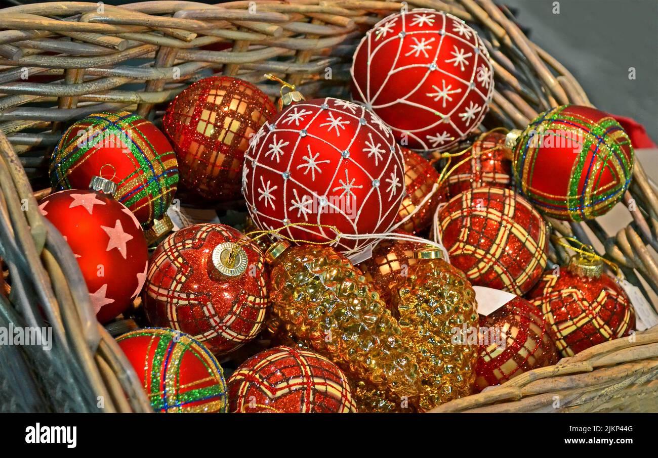 christmas red sphere heap in wooden container closeuo, new year holiday ...
