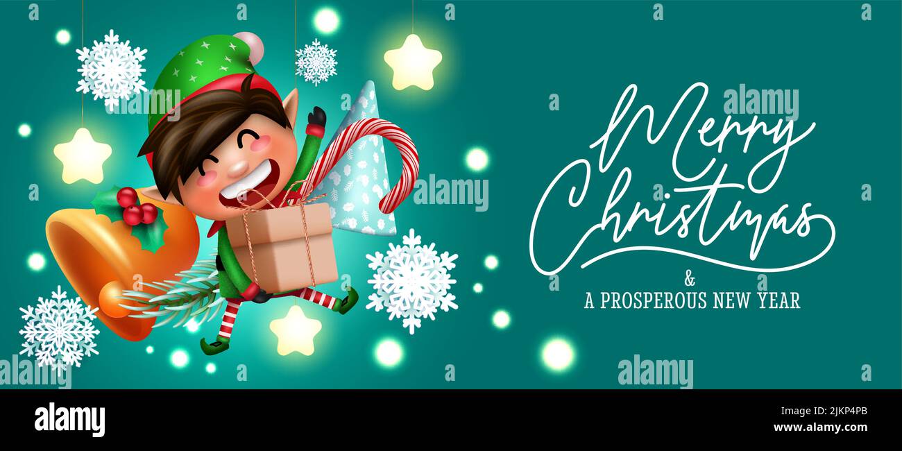 Christmas greeting elf vector design. Merry christmas text with ...