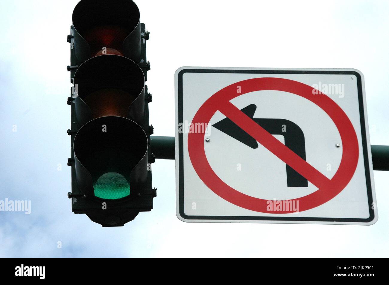 A low angle shot of traffic lights and a no-turn sign Stock Photo - Alamy