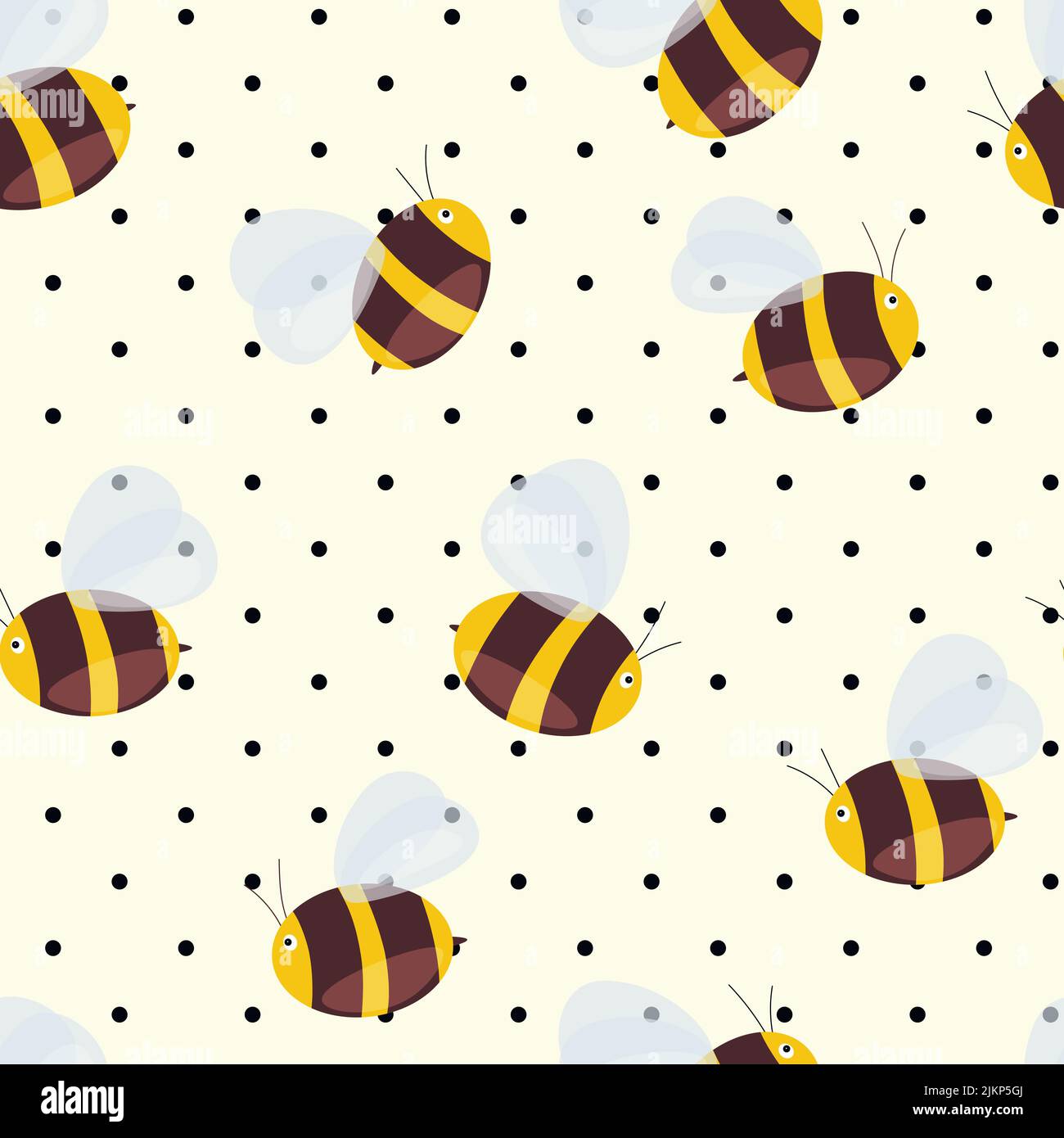 Seamless pattern with bees on white polka dots background. Small wasp ...