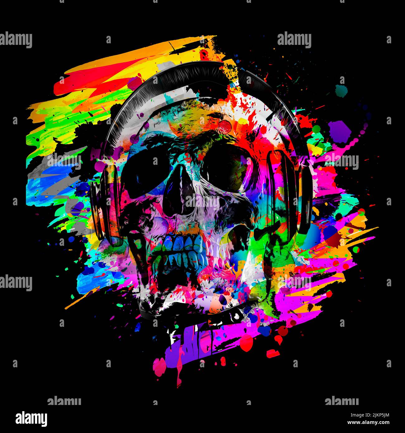 abstract artistic skull dj with headphones, graphic design concept ...