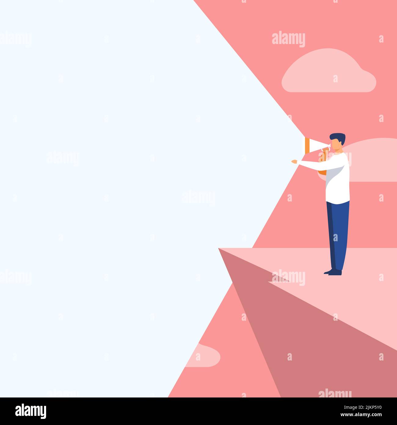 An animated man holding a megaphone or loudspeaker with copy space ...