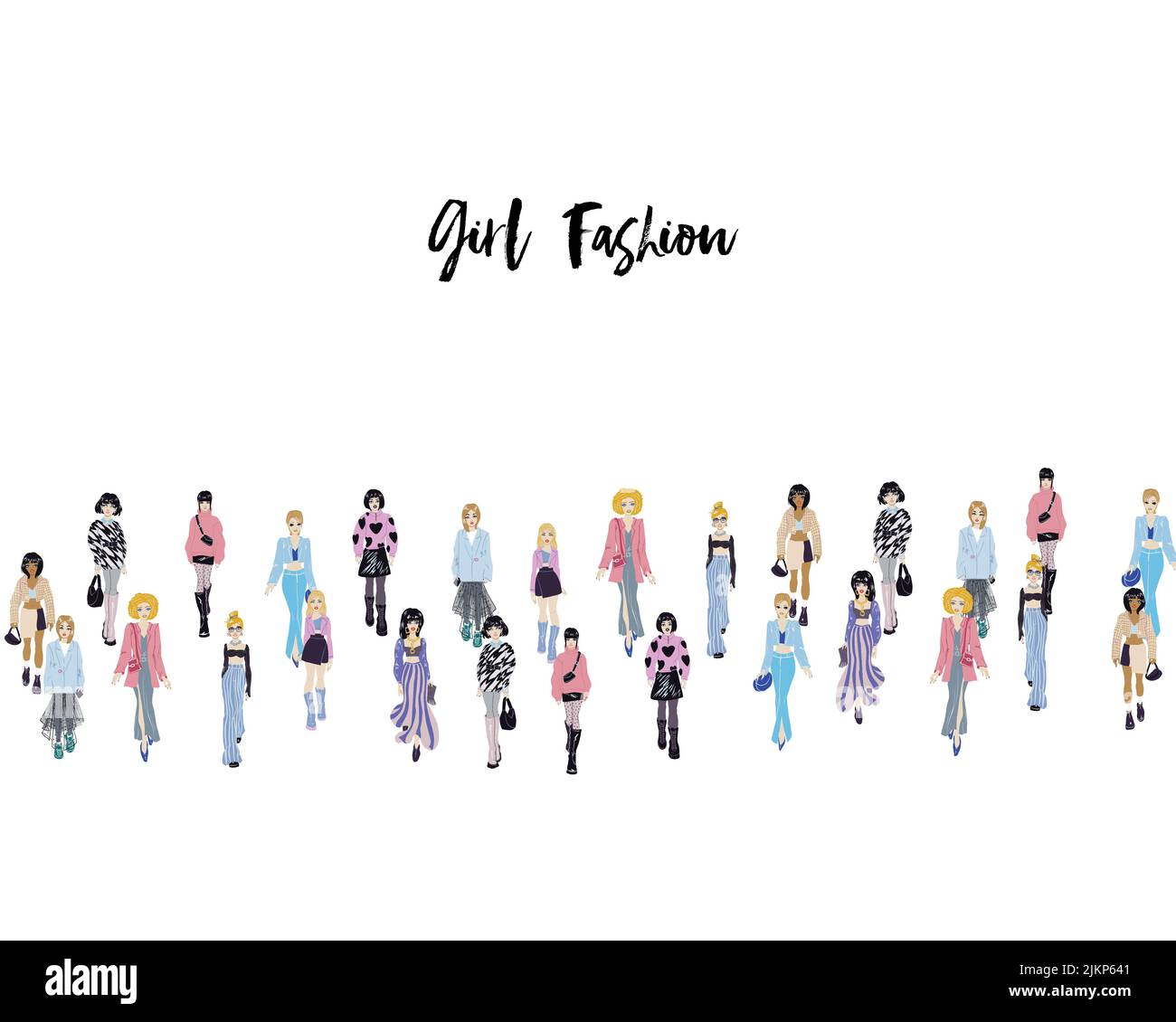 Stylish young women dressed in trendy clothes. Crowd of girls Stock ...