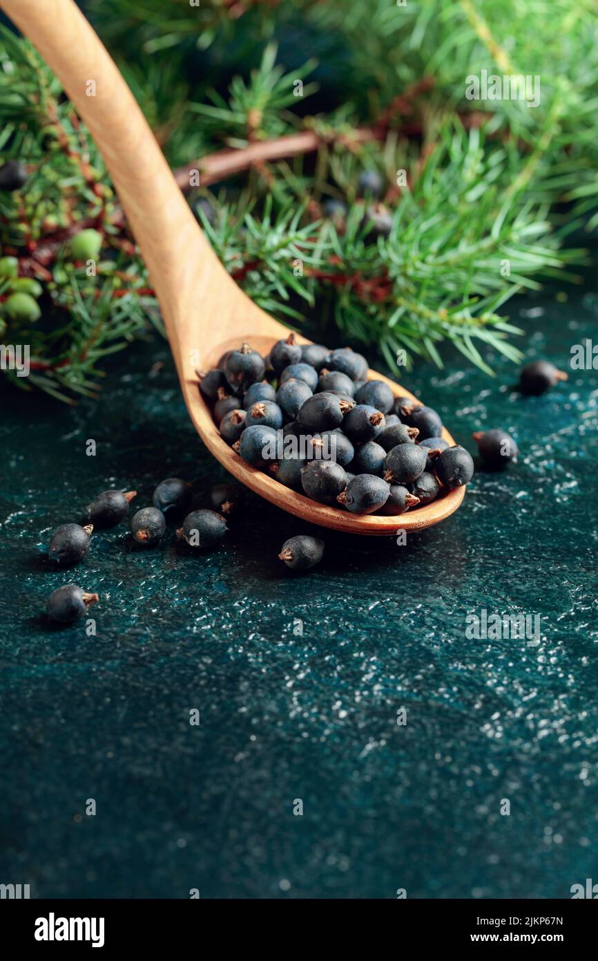 Wooden spoon with seeds of juniper on an old dark blue table Stock ...