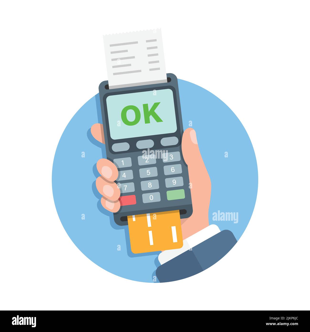 Male hand holding POS payment machine icon in flat style. Online payment vector illustration on ...
